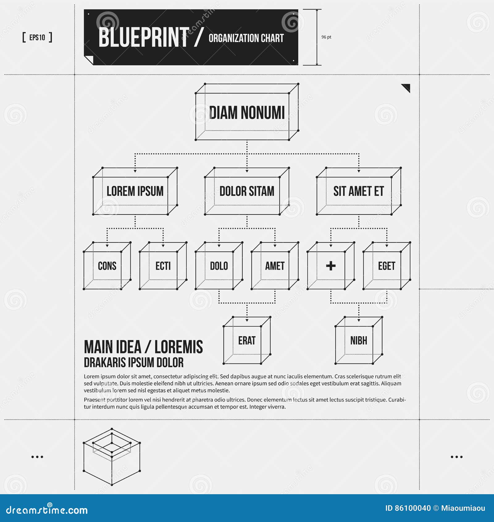 Organization Chart Template with Rectangle Elements in Draft Style ...