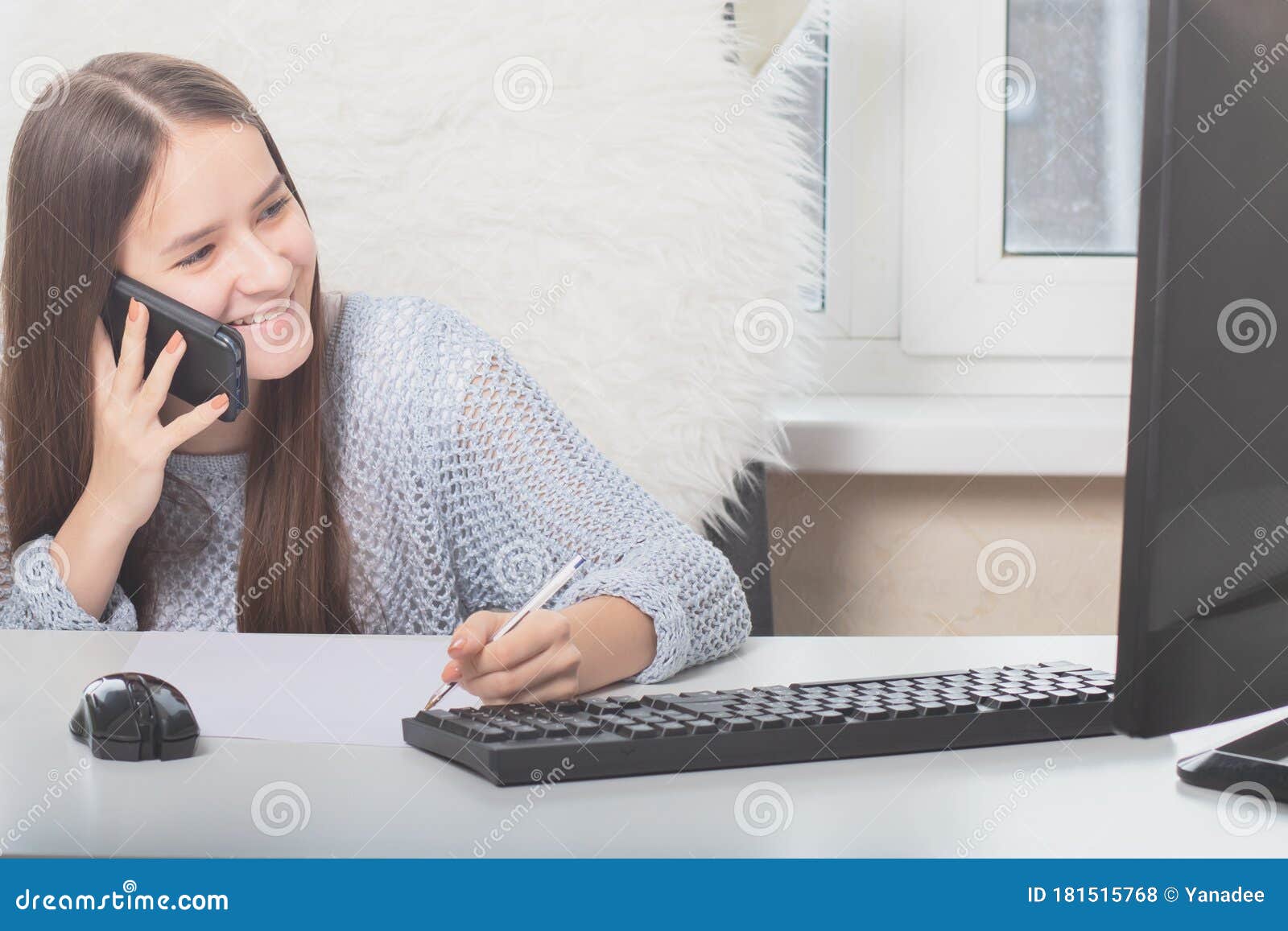 Organization of Home Office, Remote Work Device. a Young Girl Sits at a ...