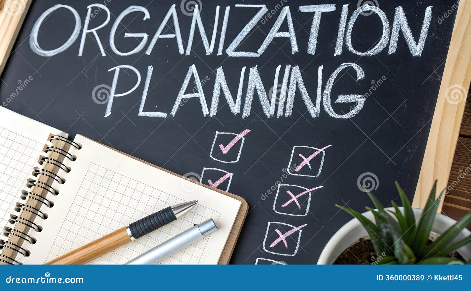 Organization Planning Written on Blackboard with Notepad and Pen Stock ...