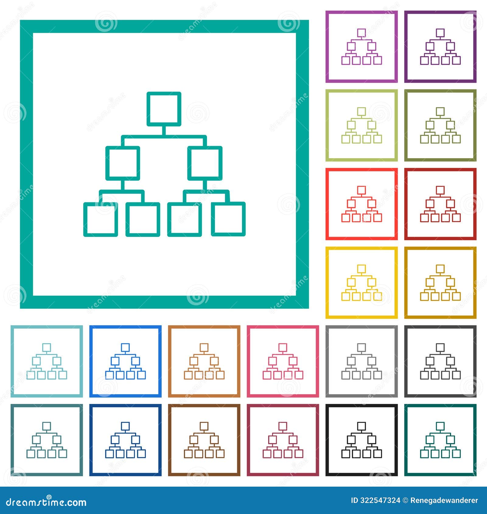 Organizational Chart Down Outline Flat Color Icons with Quadrant Frames ...