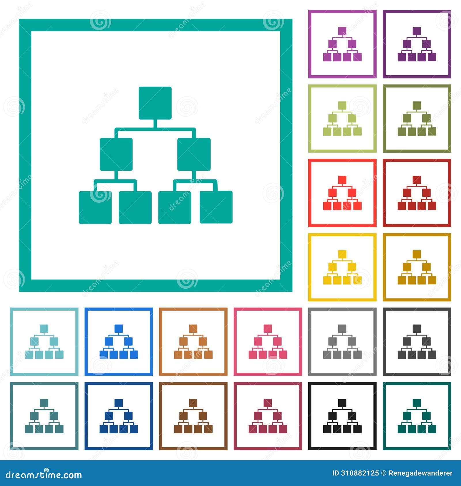 Organizational Chart Down Solid Flat Color Icons with Quadrant Frames ...
