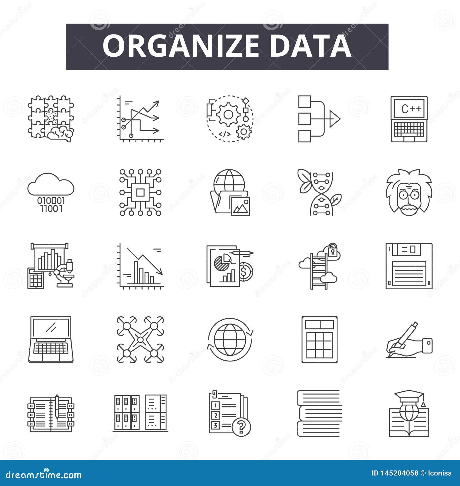 Organize Data Line Vector Icons And Signs. Classify, Compile, Structure ...