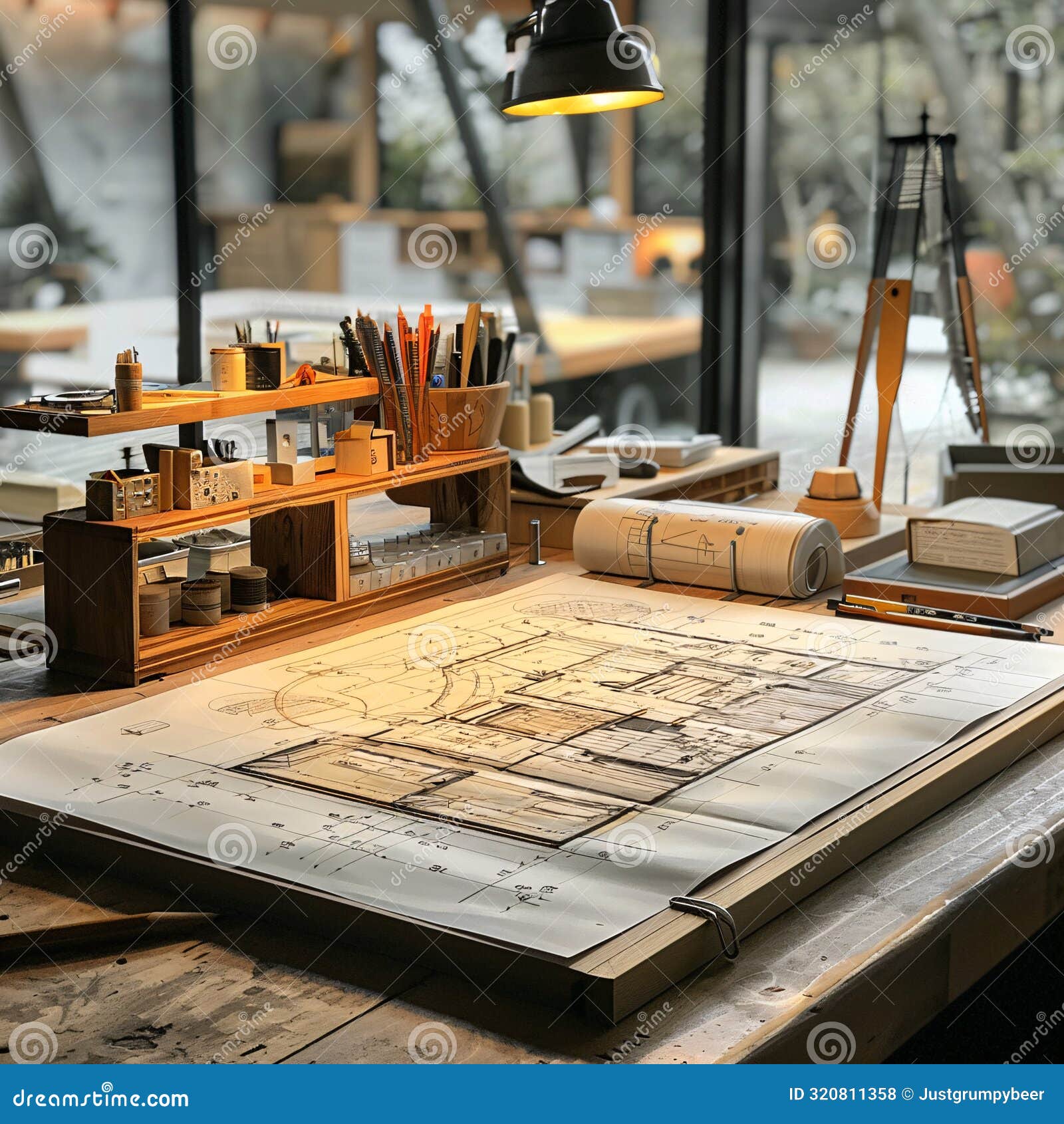 Arranged Architect S Studio with Blueprints, Models, and Drafting Tools ...