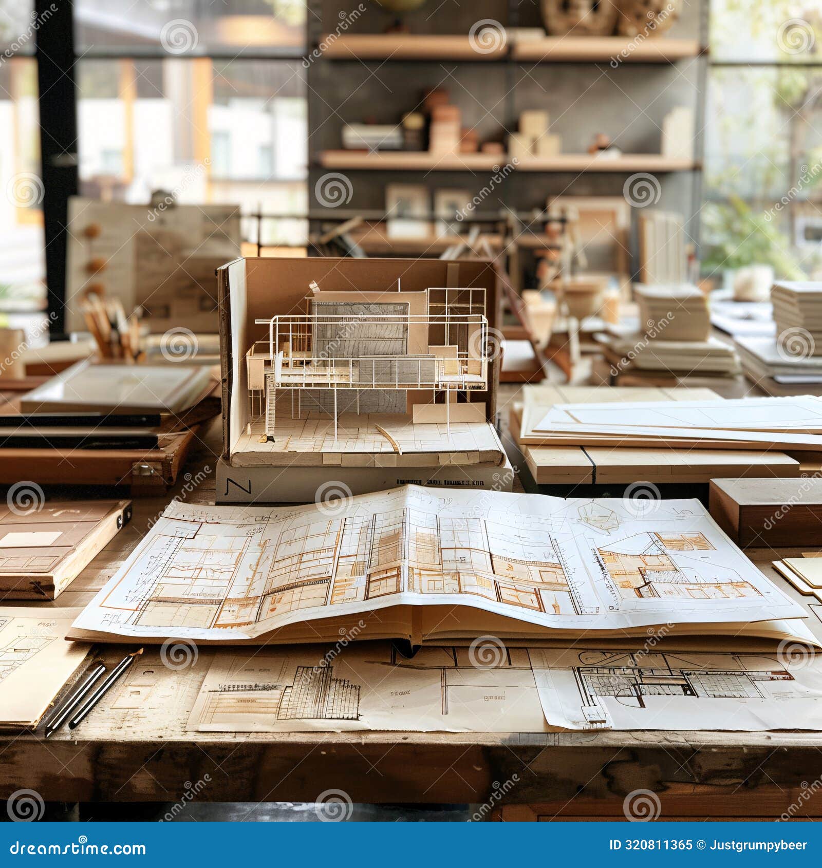 Arranged Architect S Studio with Blueprints, Models, and Drafting Tools ...