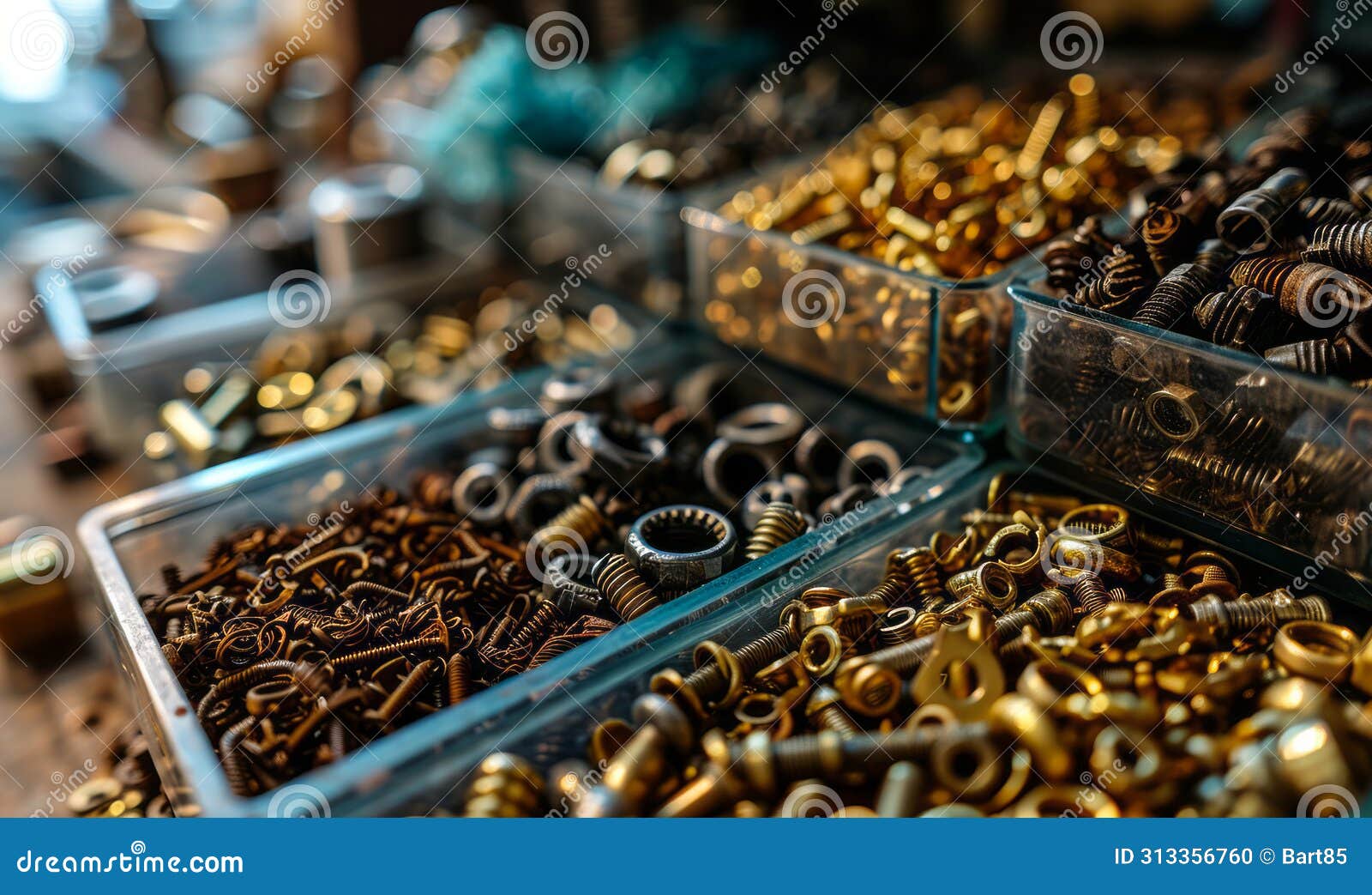 Organized Assortment of Brass and Metal Fasteners in Transparent ...