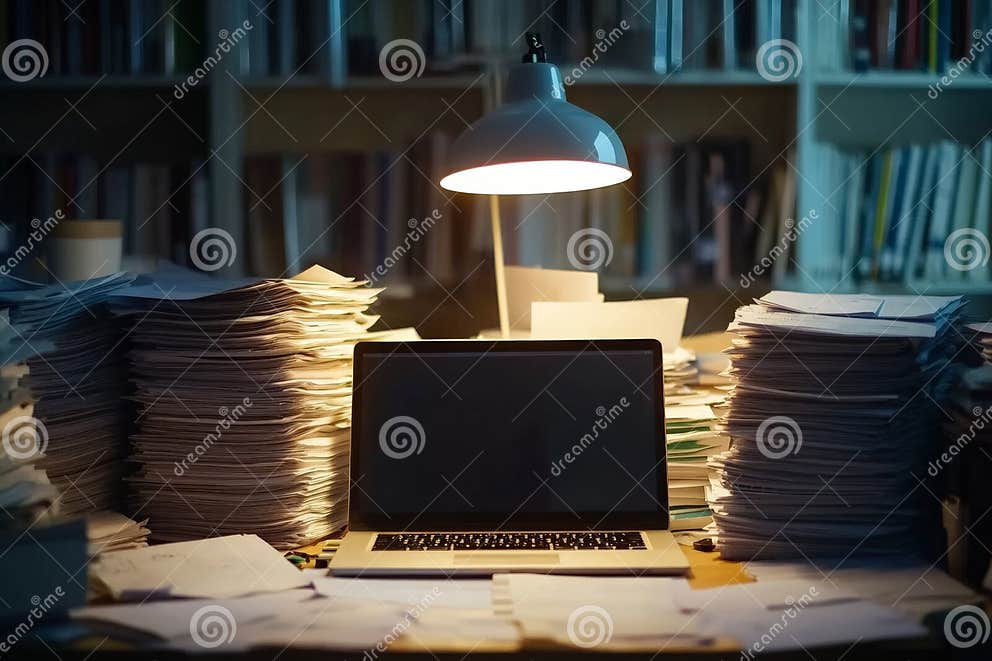 Organized Chaos: Illuminated Workspace with Stacks of Documents and ...