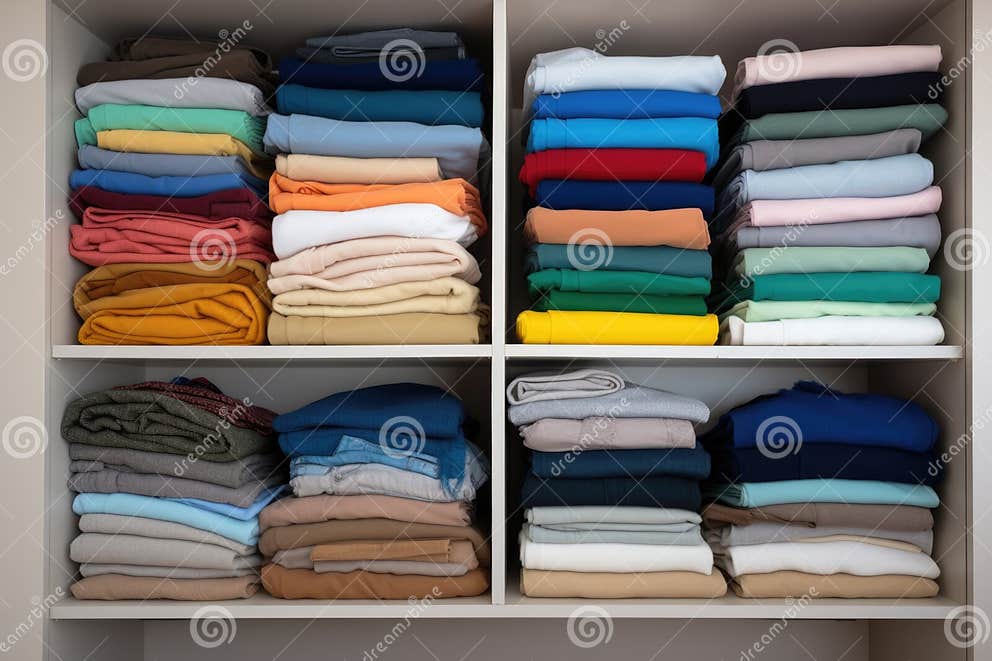 Organized Closet with Neatly Folded Clothes in Rows Stock Image - Image ...