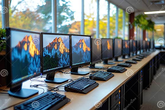 Organized Computer Lab Features Multiple Workstations. Modern Tech ...