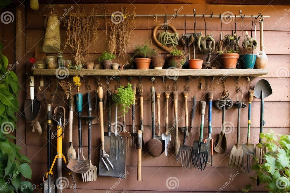 Organized Garden Tools Hanging on a Wall Rack Stock Illustration ...
