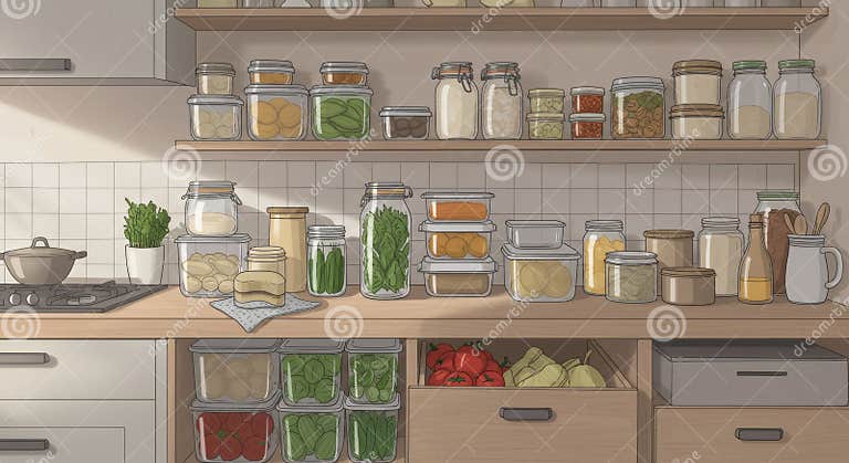 Organized Kitchen Shelves with Jars and Containers for a Neat and ...