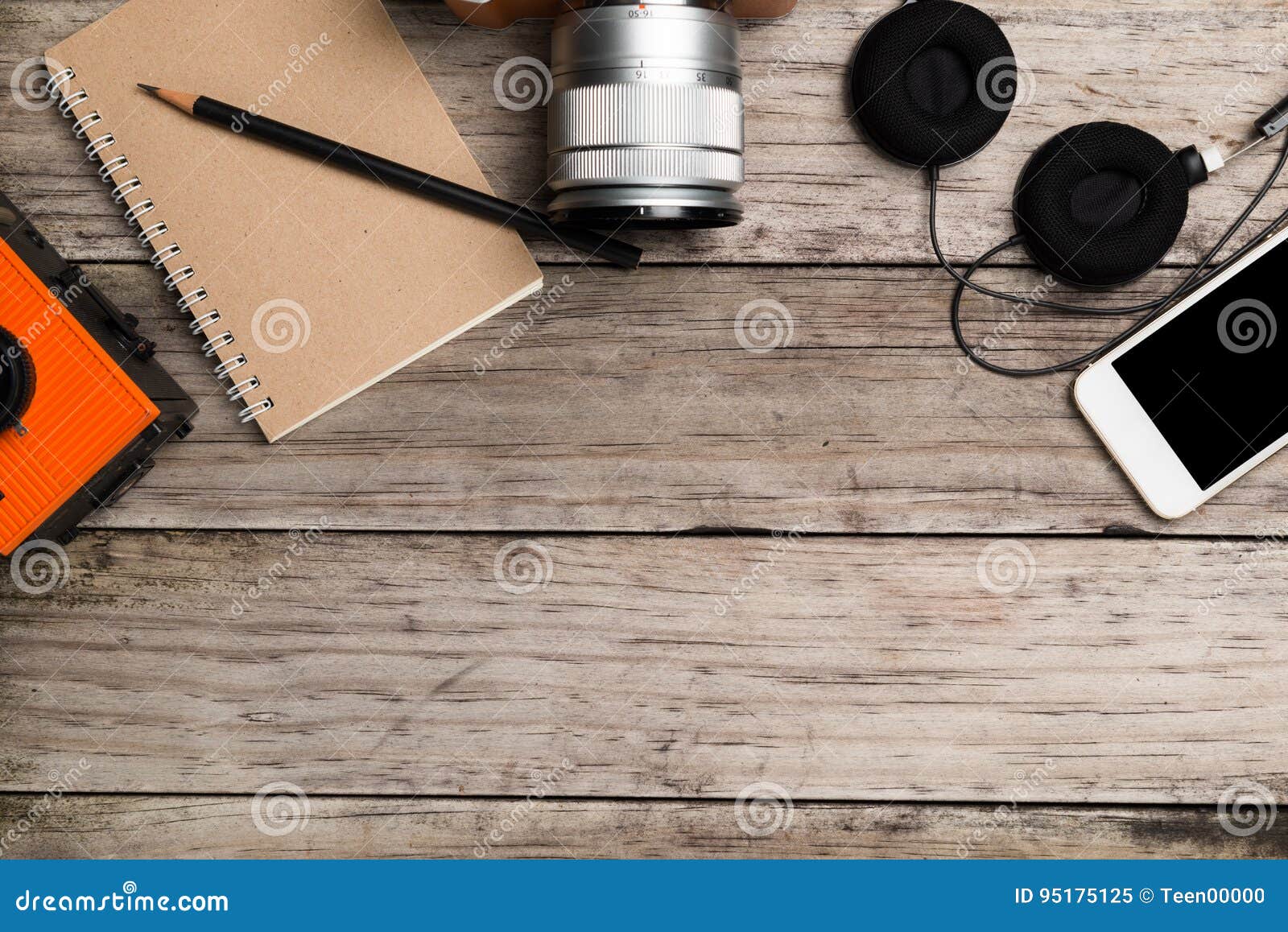 Organized Modern and Retro Objects on Wood Stock Image - Image of ...