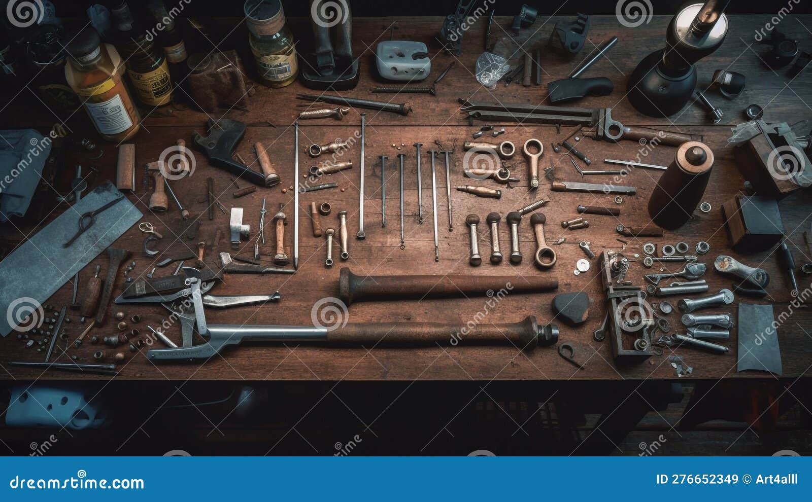 Variety of Tools on a Wooden Table in a Garage Workshop. Generative Ai ...