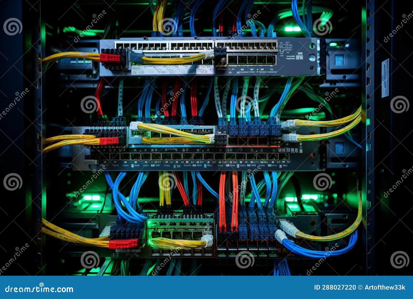 Organized Network Switch with Color-Coded Cables and LED Lights Stock ...