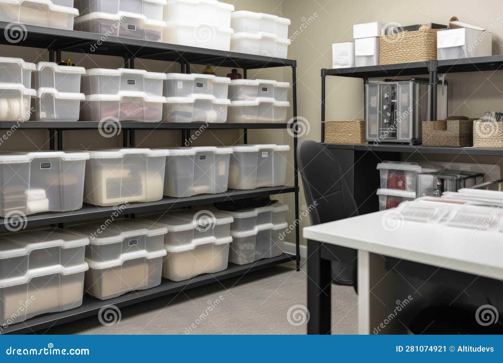 An Organized Office with Clean and Well-labeled Storage Containers ...