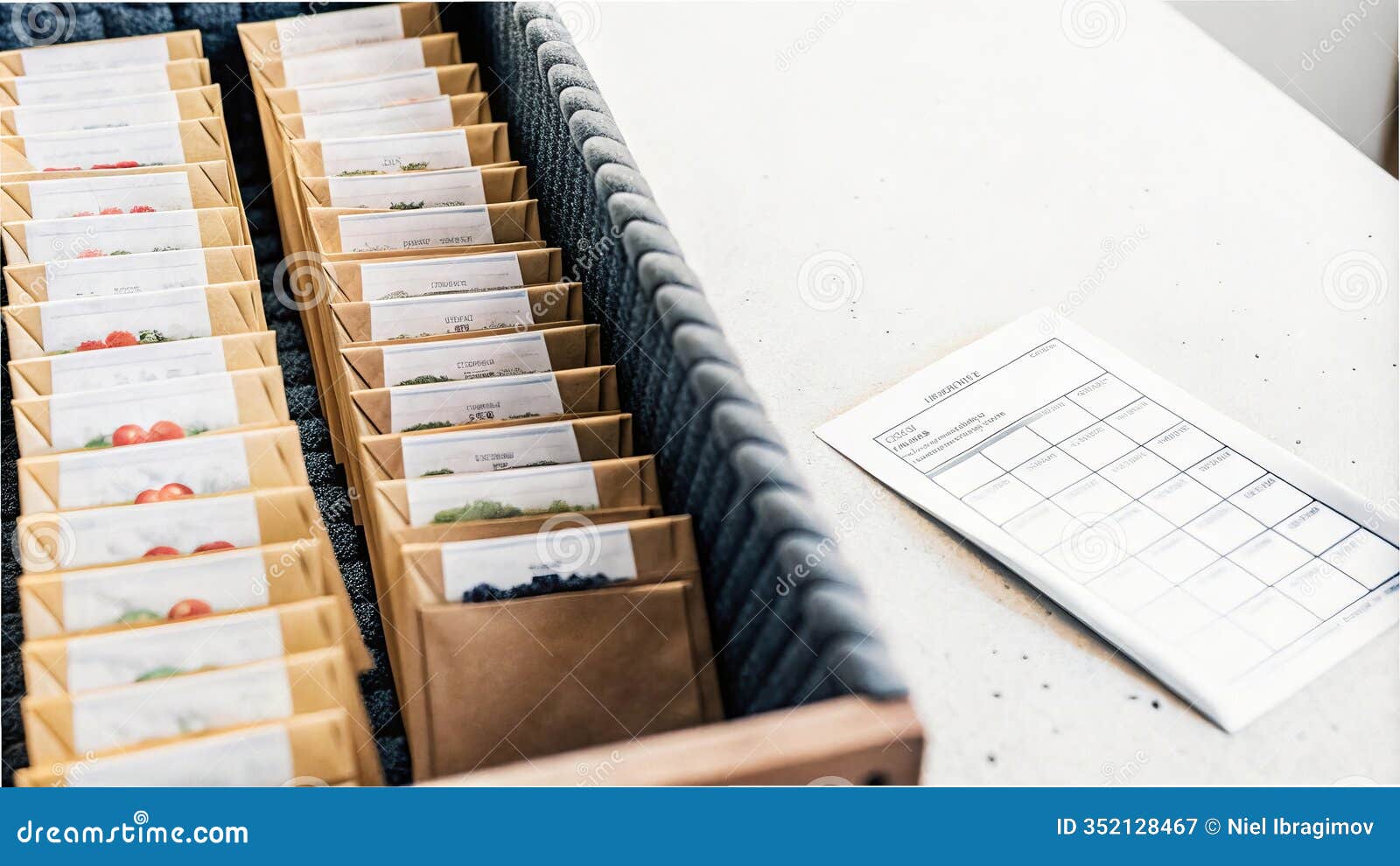 Organized Seed Packets in Rustic Box with Planting Schedule on Table ...