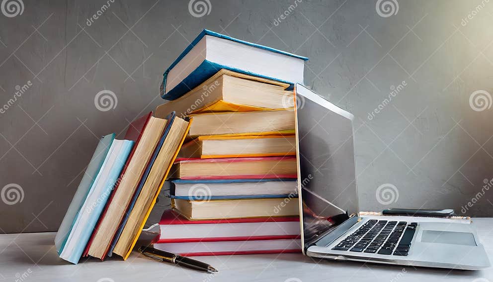 Organized Stack of Books Alongside a Laptop on a Desk, Symbolizing E ...