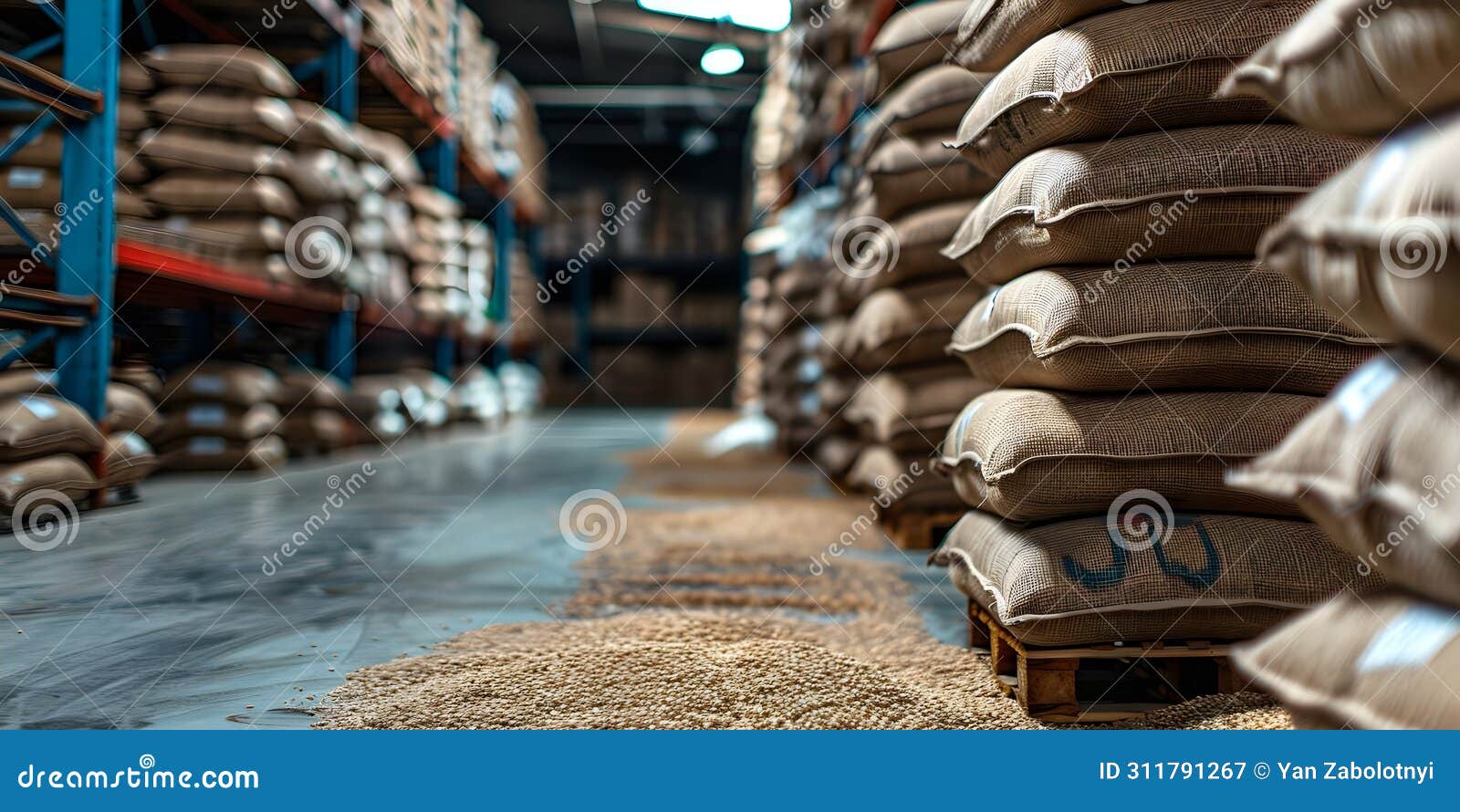 Organized Stacks of Rice Sacks in Warehouse for Distribution. Concept ...