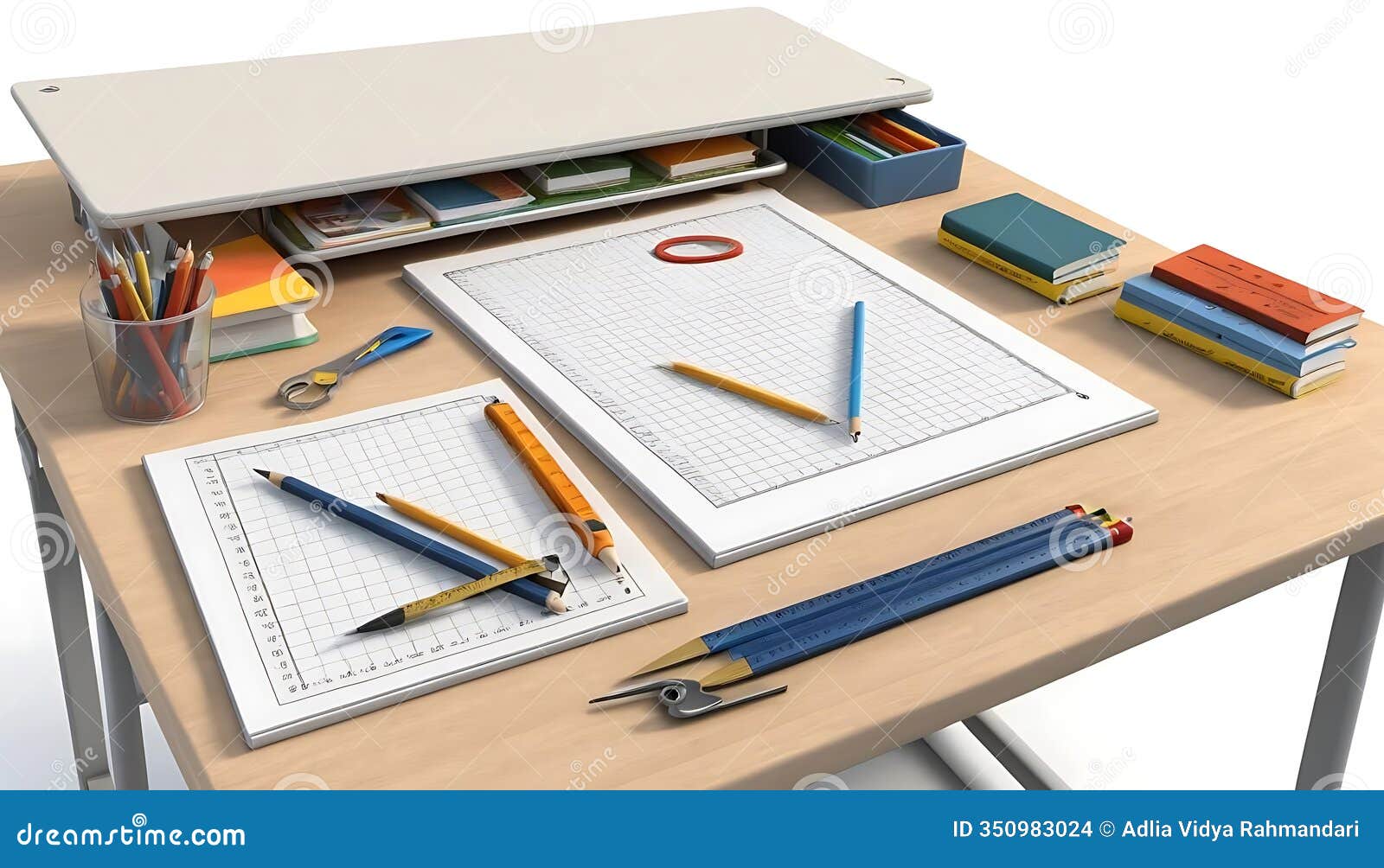 Organized Student Desk Setup: School Supplies, Geometric Tools, and Notebooks Ready for Learning ...