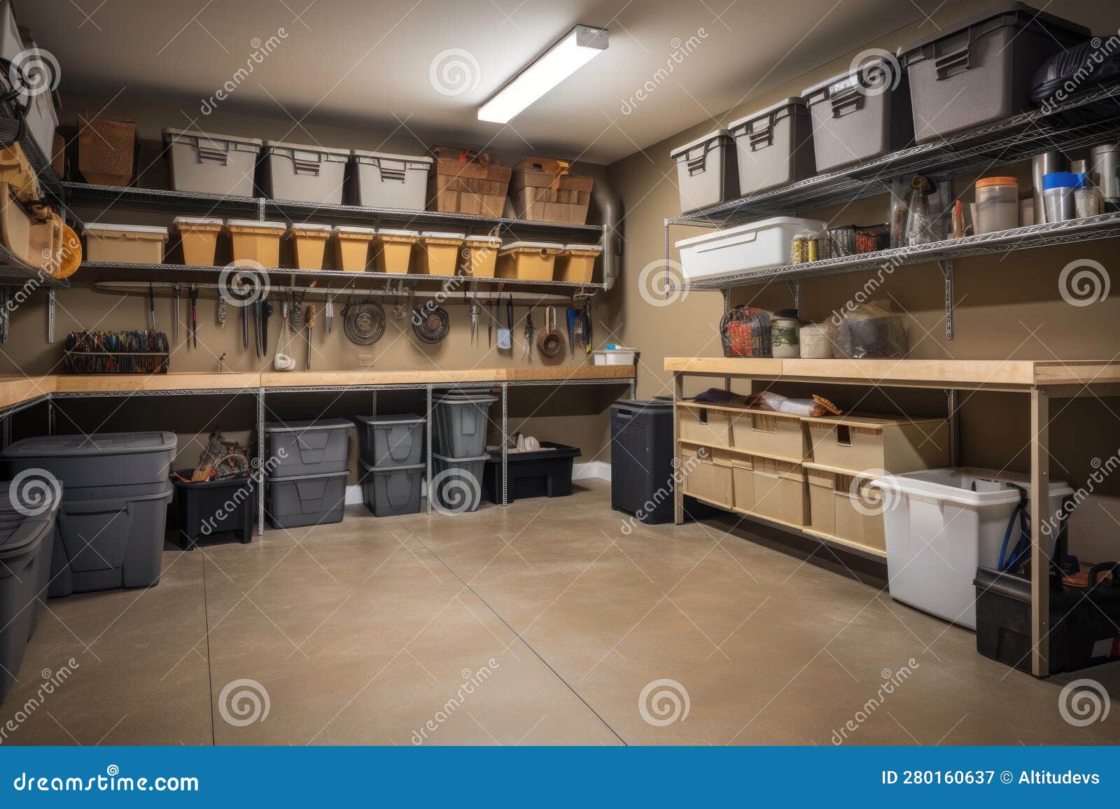 An Organized And Tidy Garage With Orderly Shelves, Tools, And Bins ...