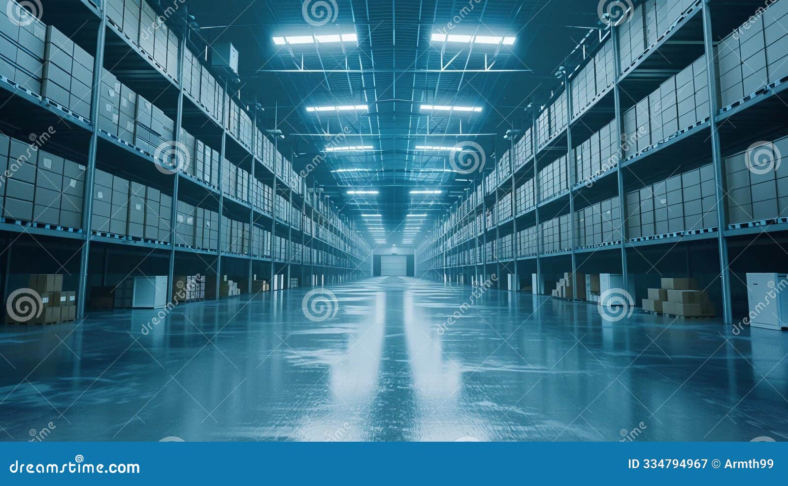 Organized Warehouse Interior with Rows of Shelves and Boxes. Factory ...