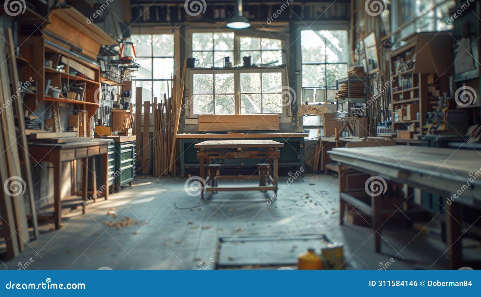 Organized Woodshop Interior with Tools, Workbench, and Natural Light ...