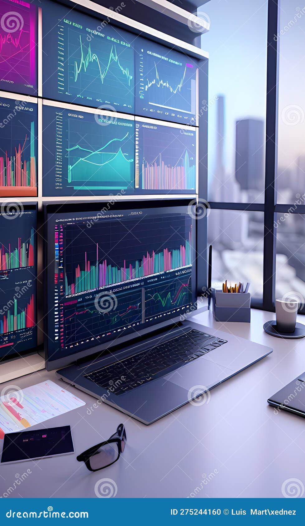 An Organized Workspace Featuring a Laptop, Tablet, and Three Monitors ...