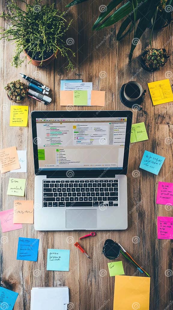 Organized Workspace with Laptop, Sticky Notes, and Coffee Stock Image ...