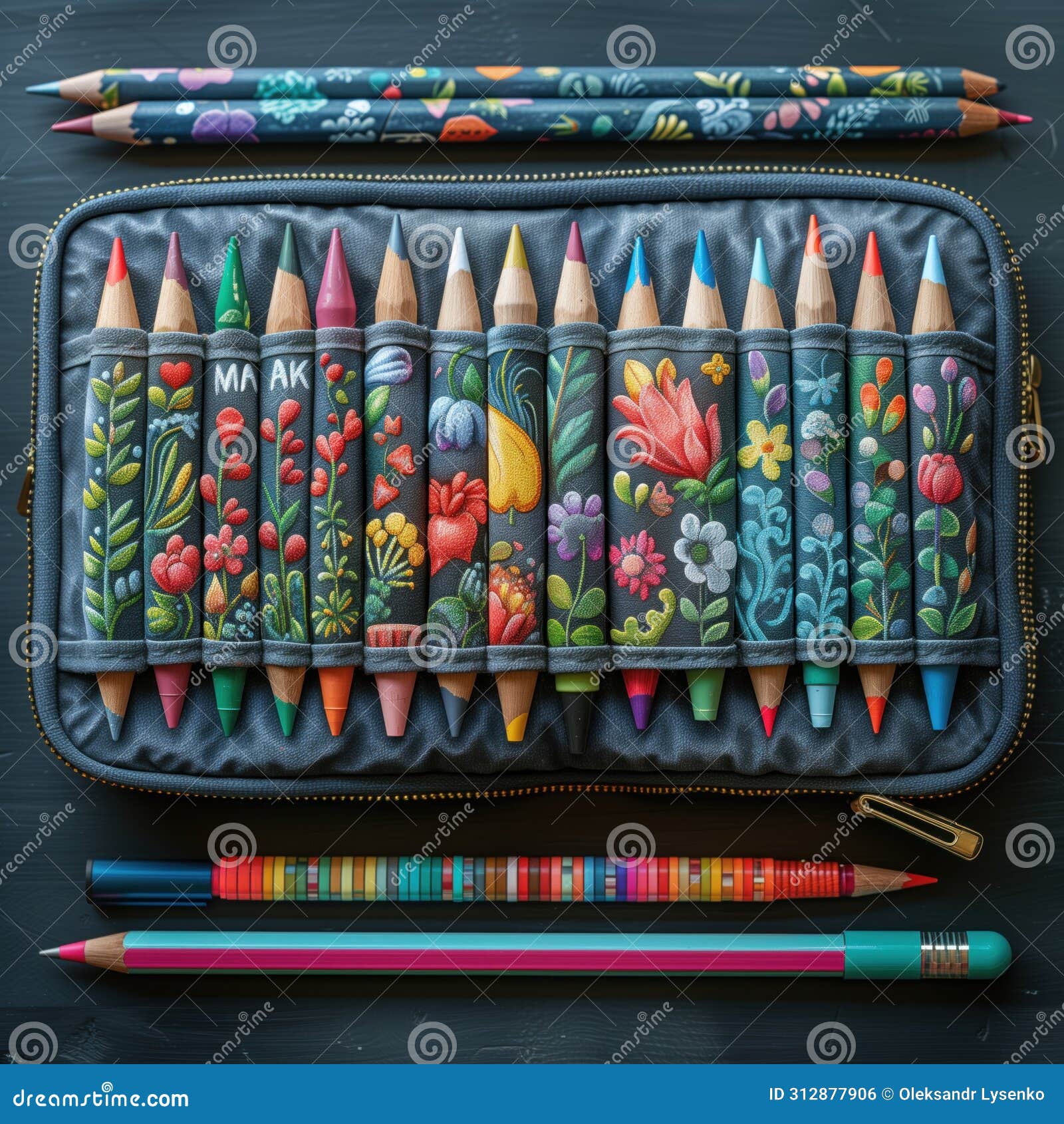 Organizer with Colored Pencils on Black Top View Stock Illustration ...