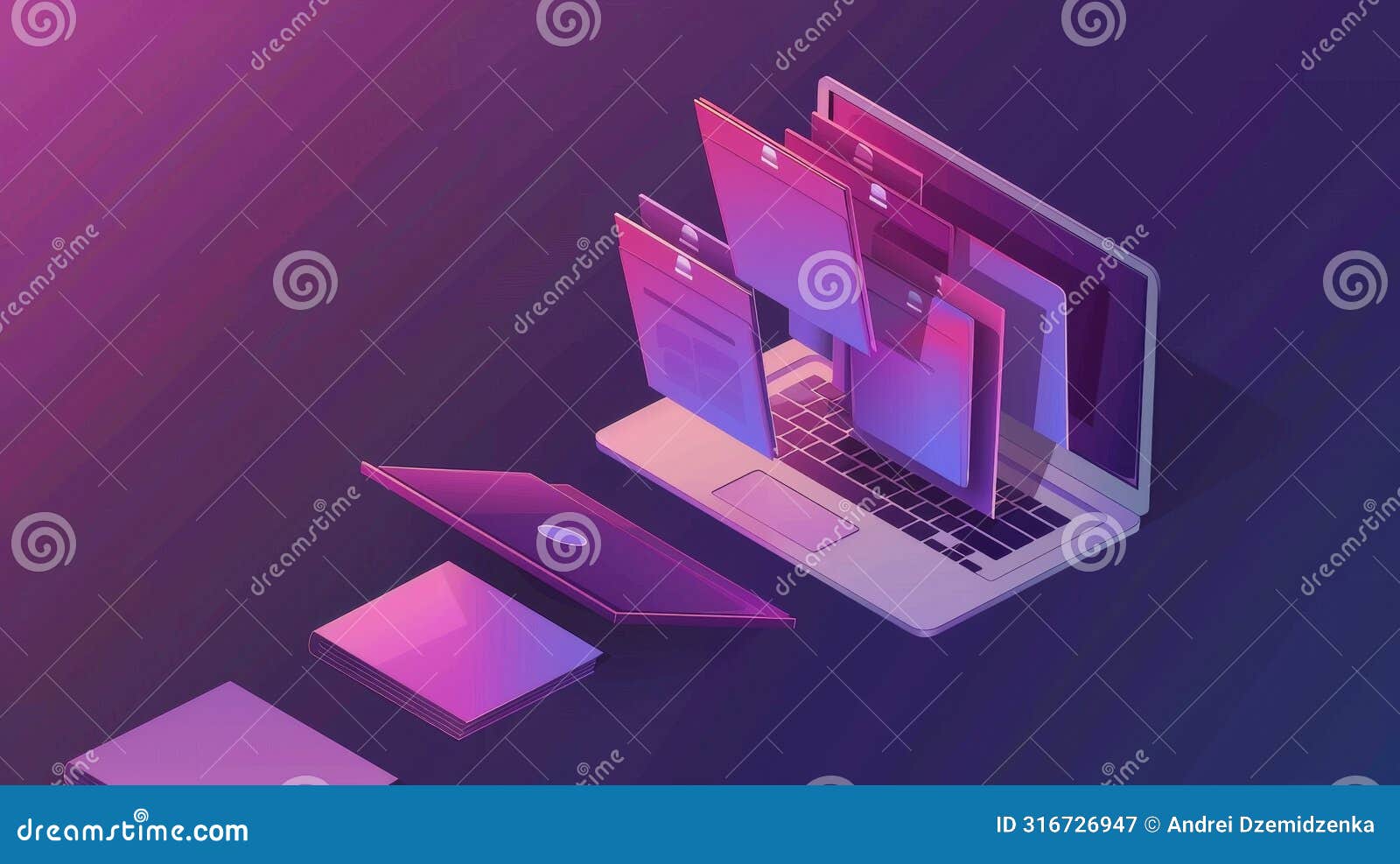 Organizing Database with Isometric Laptop with Folders on a Modern ...