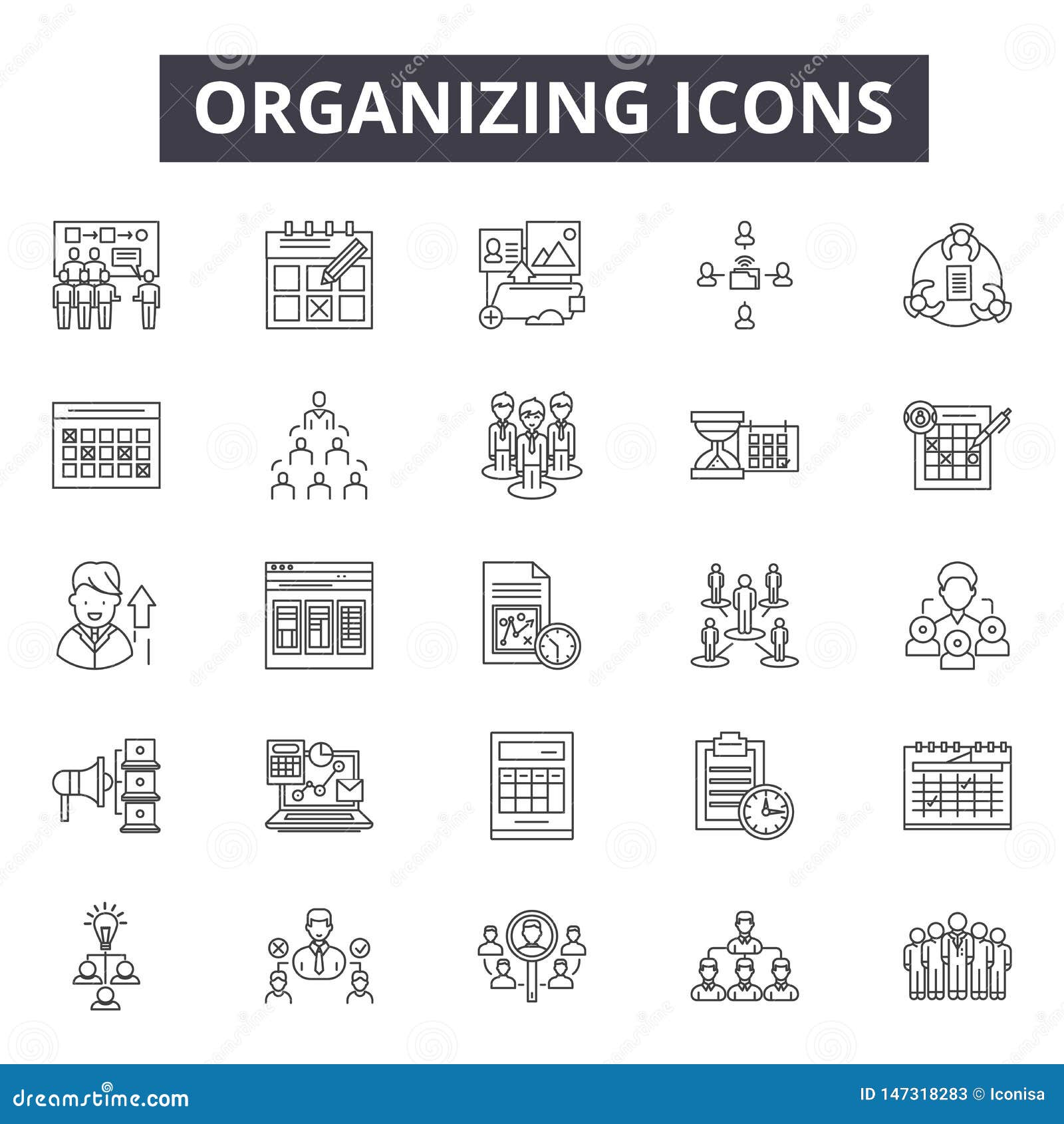 Organizing Linear Icons, Signs, Symbols Vector Line Illustration Set ...