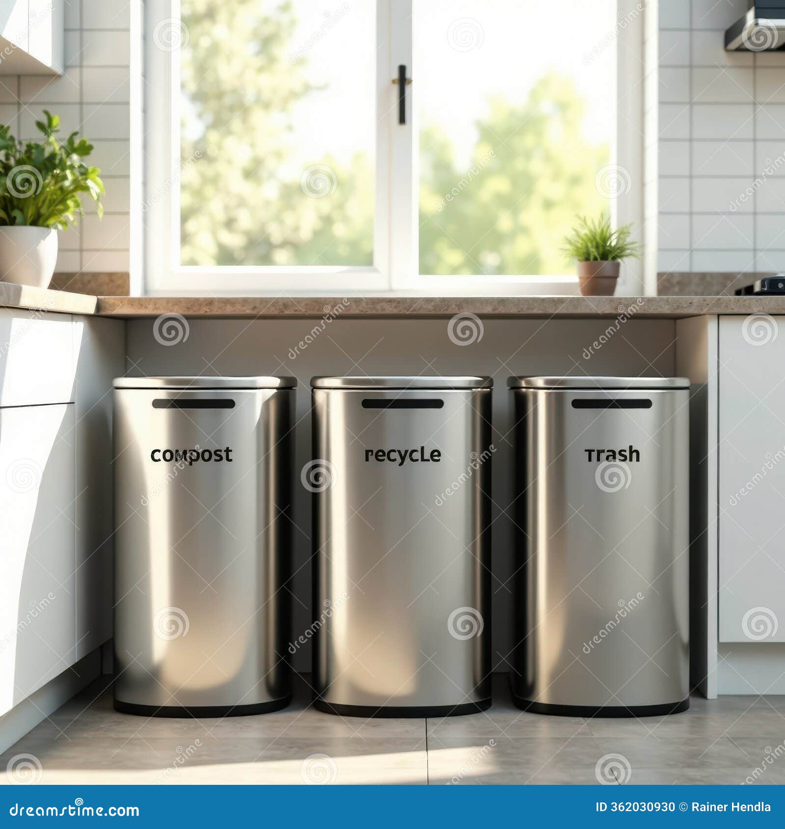Organizing Waste Bins for Composting Recycling and Trash in a Kitchen ...