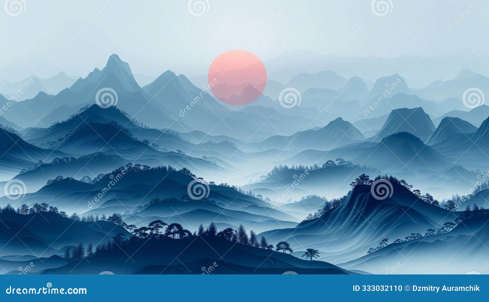 Orient-style Japanese Wave Template with Abstract Landscape Background ...