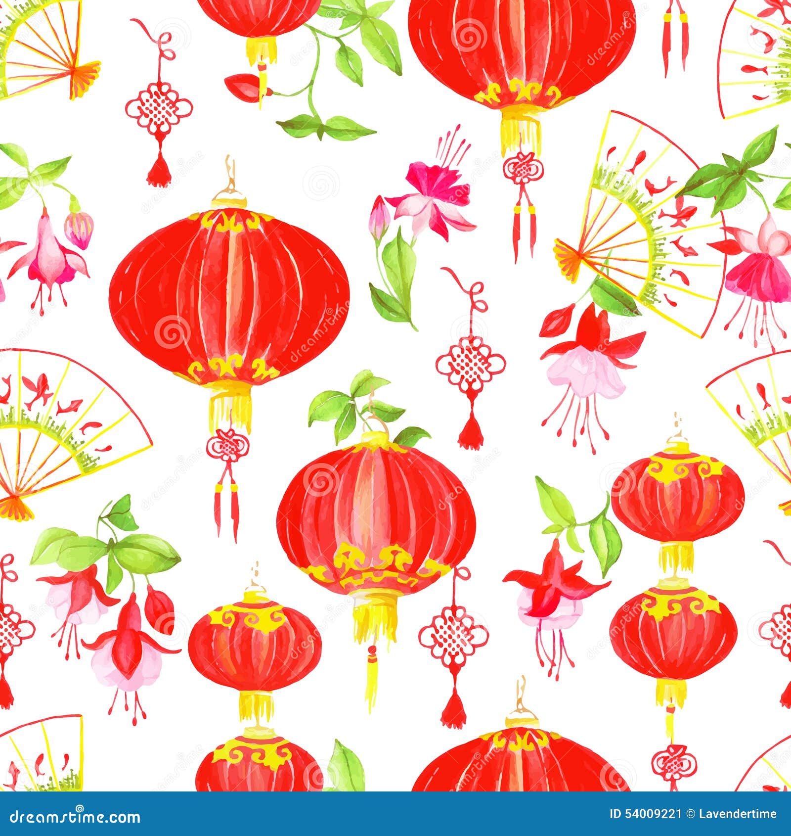 Oriental Culture Objects Watercolor Seamless Vector Pattern Stock ...