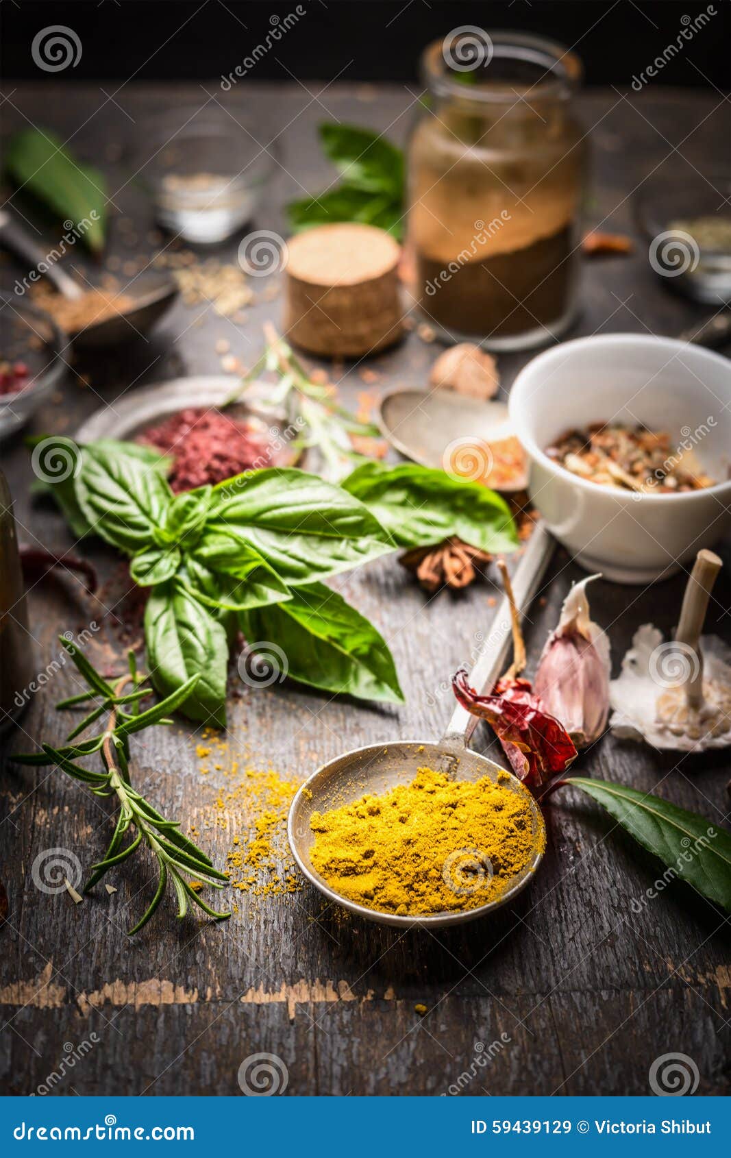 Oriental Herbs and Spices Selection on Rustic Kitchen Table Stock Image ...
