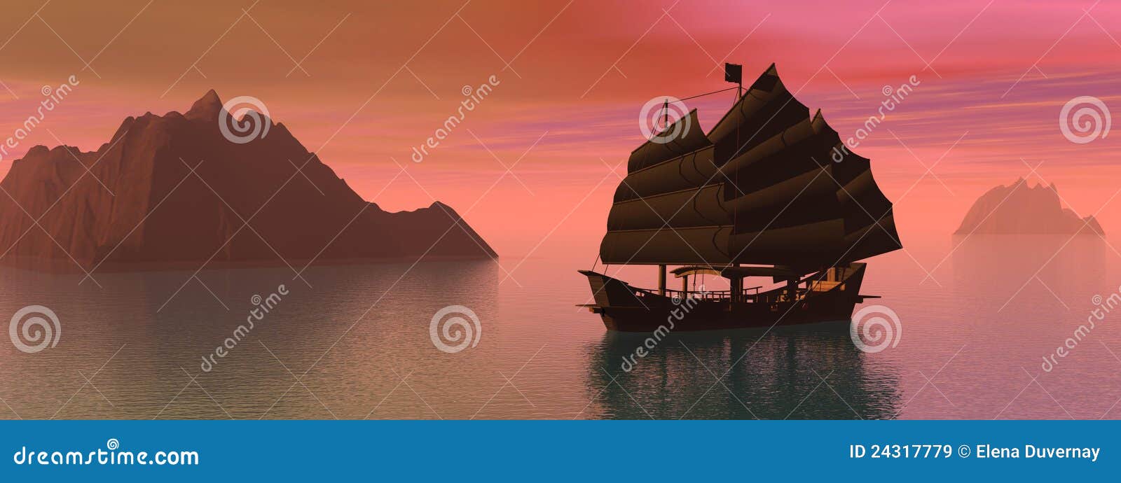 Oriental junk boat stock illustration. Illustration of skyline - 24317779