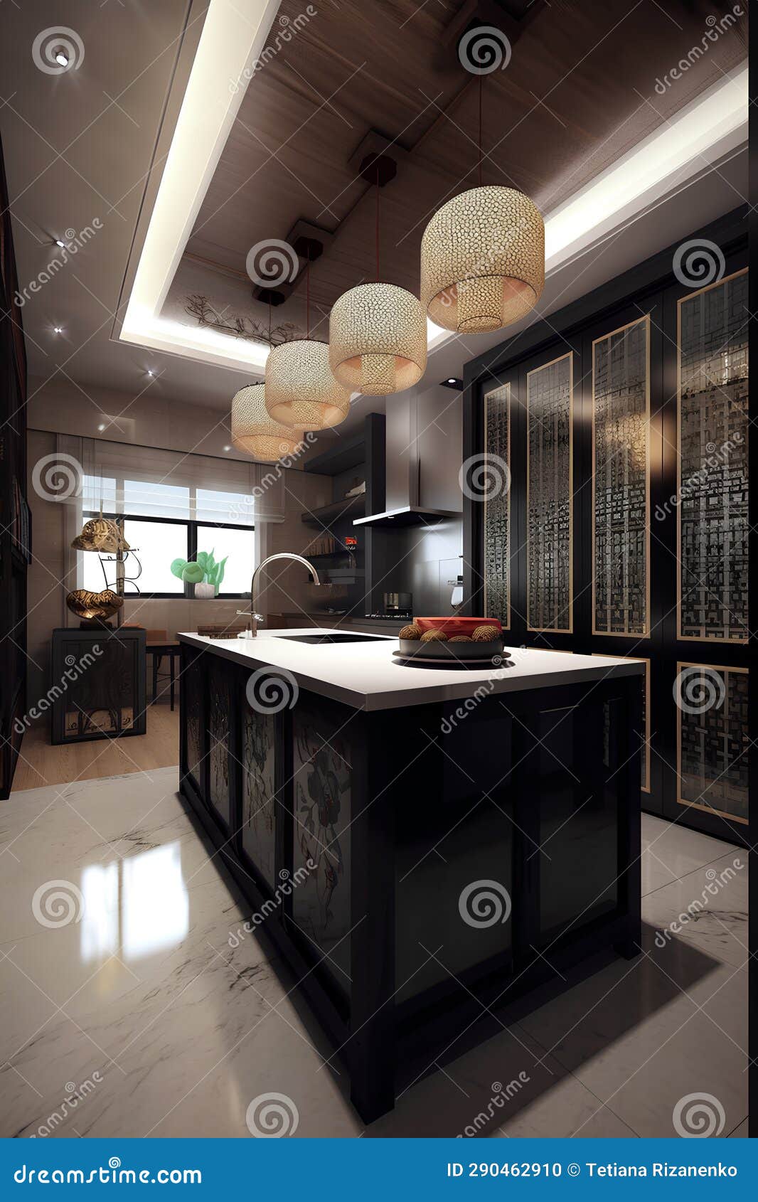 Oriental Style Kitchen Interior in Luxury House Stock Photo - Image of ...