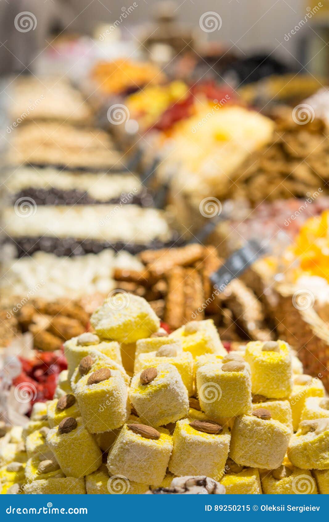 Oriental sweets , showcase stock image. Image of date - 89250215