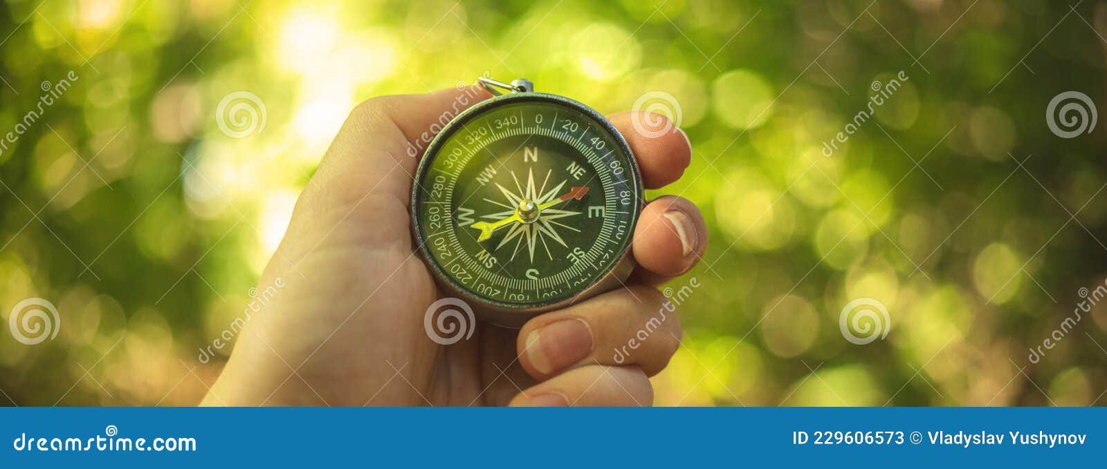 Orienteering in the Woods with Compass in the Hand, Banner Photo Stock ...