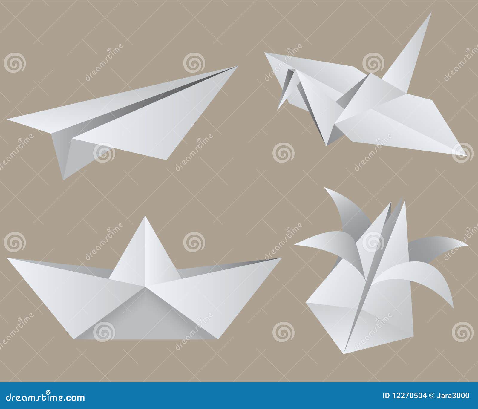 Set Of Origami Objects. White On Blue Background. Plane, Pinwheel And ...