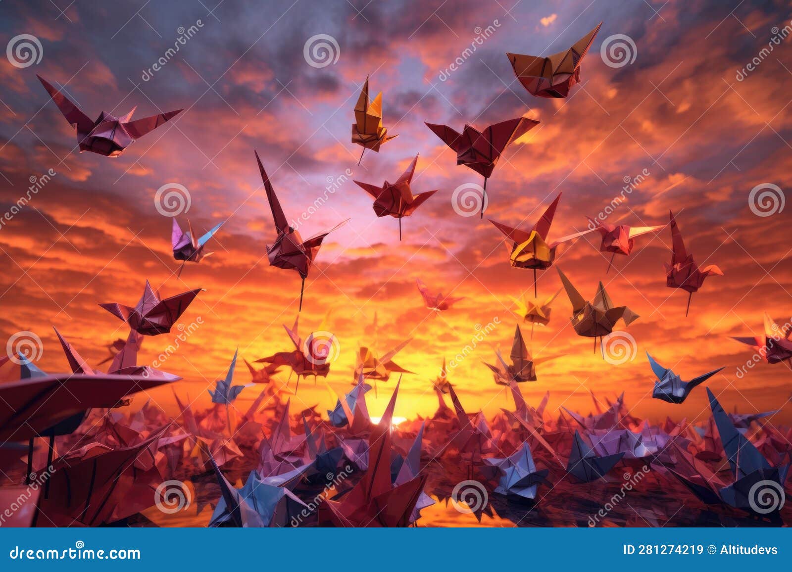 Origami Birds in Flight Against a Sunset Sky Stock Image - Image of ...