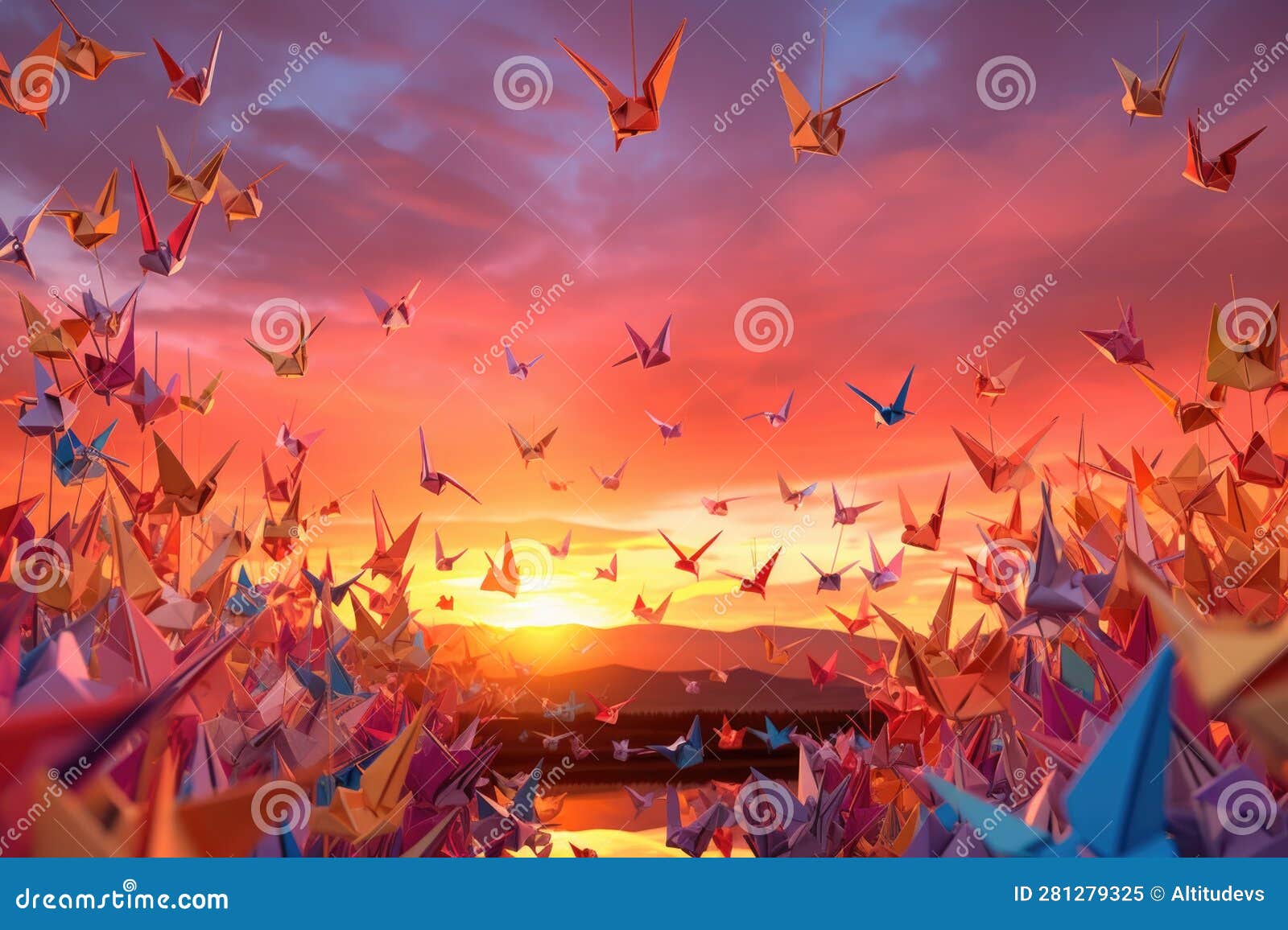 Origami Birds in Flight Against a Sunset Sky Stock Illustration ...