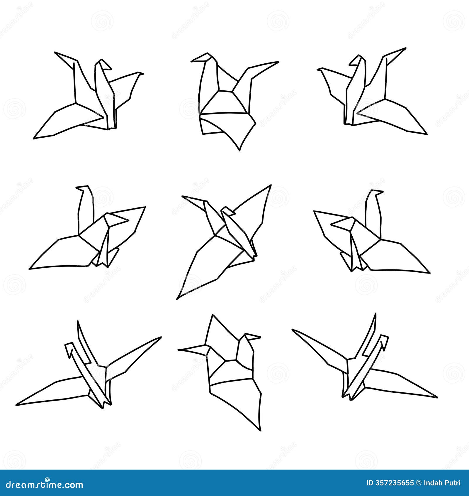 Origami Birds Crane Shapes Vector Set, Hand Drawn Folder Paper Art ...