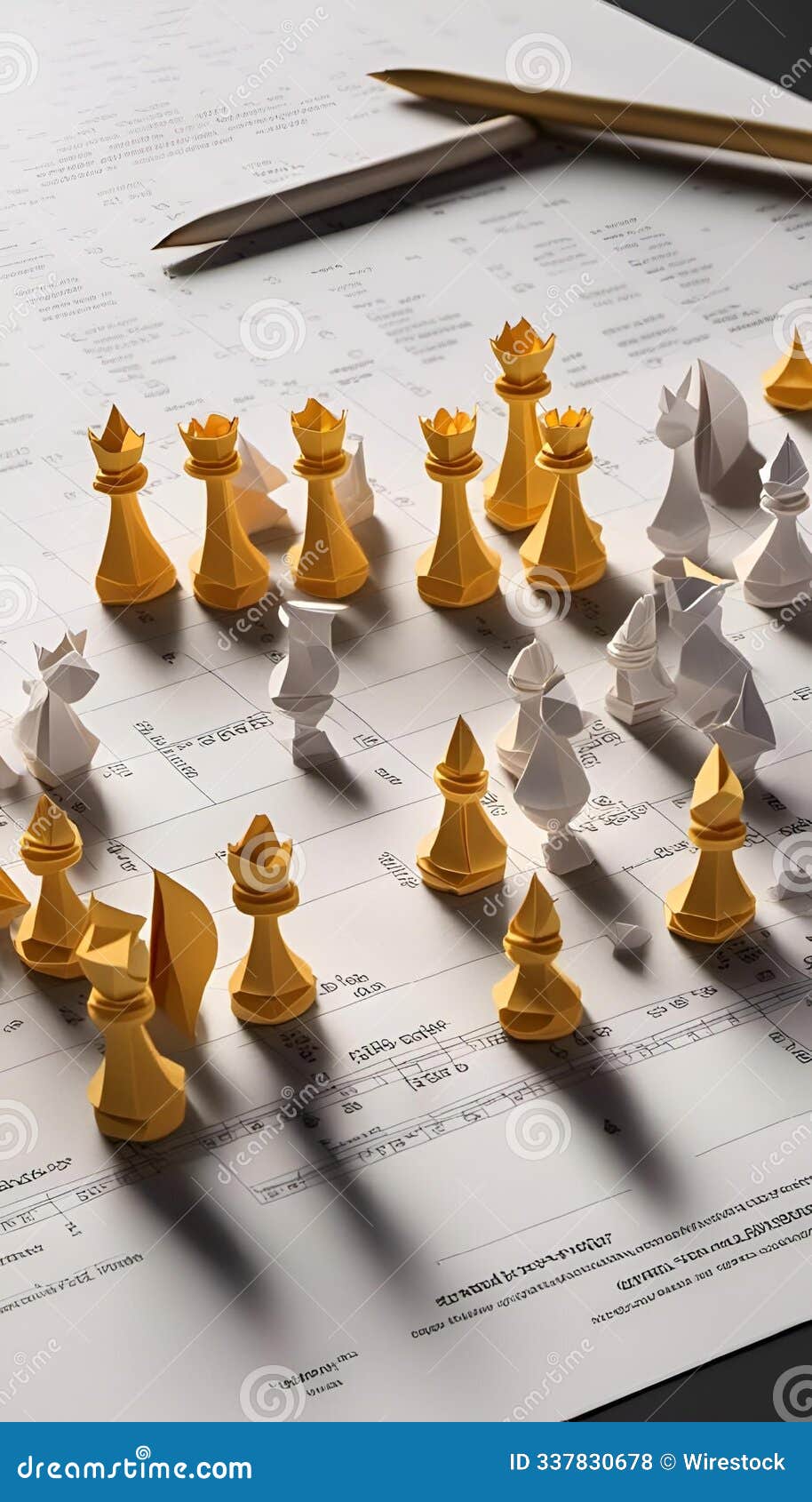 Chess Pieces Arranged on a Technical Drawing with Pencils. Stock ...