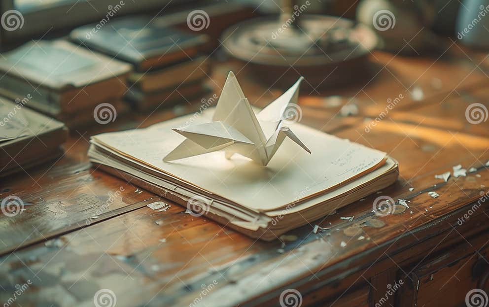Origami Crane on Stack of Notebooks in a Cozy, Rustic Study. Stock ...