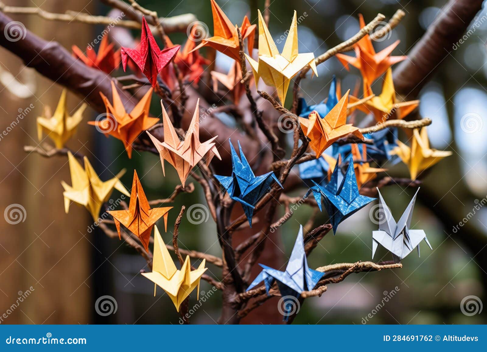 Origami Cranes Perched on a Tree Branch Stock Illustration ...