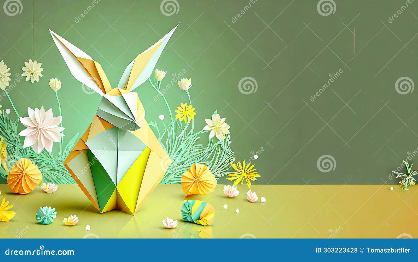 Origami Easter Bunny in Grass with Spring Flowers - Easter Concept ...