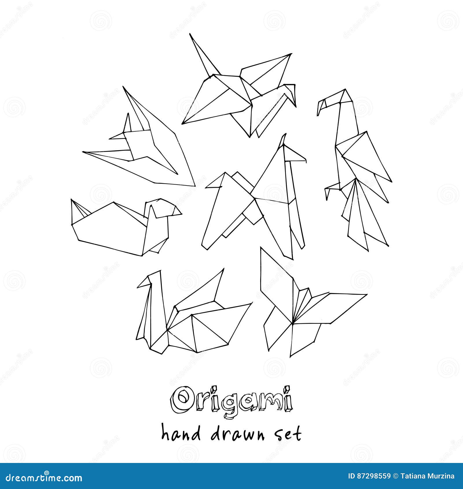 Origami Hand Drawn Doodle Set. Vector Illustration Of Figures From ...