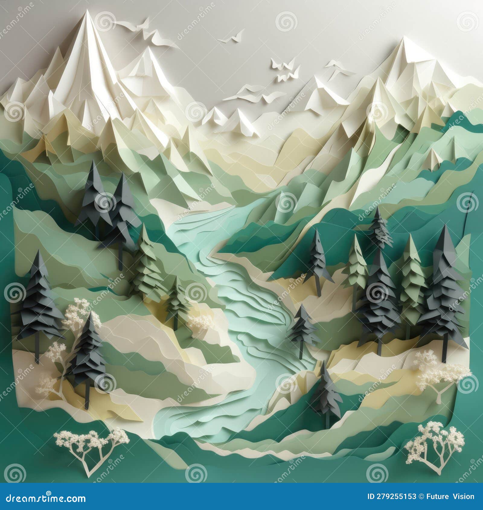 Origami Landscape with Trees, Birds and Mountains, Created Using ...