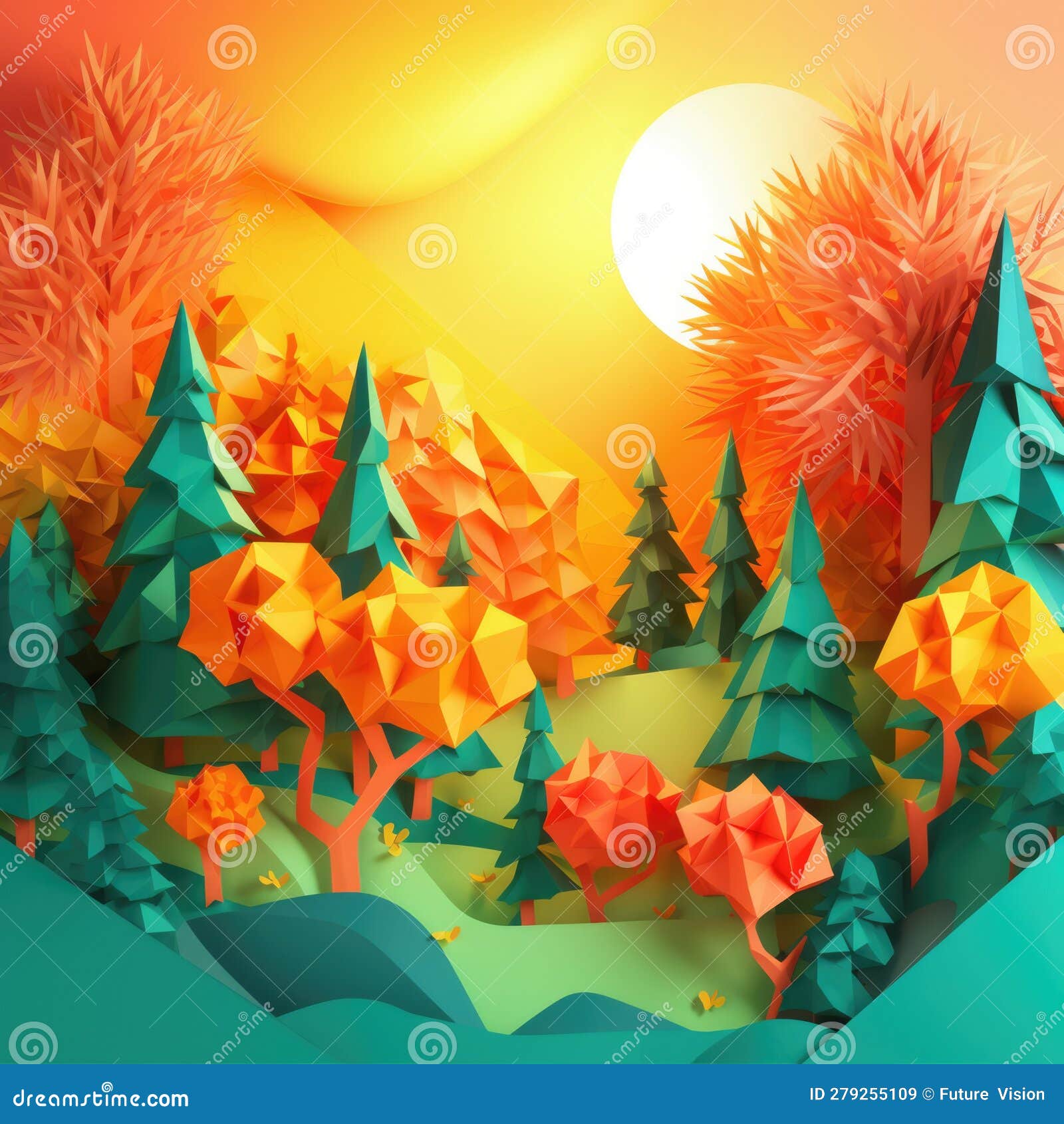 Origami Landscape with Trees and Sunset, Created Using Generative Ai ...