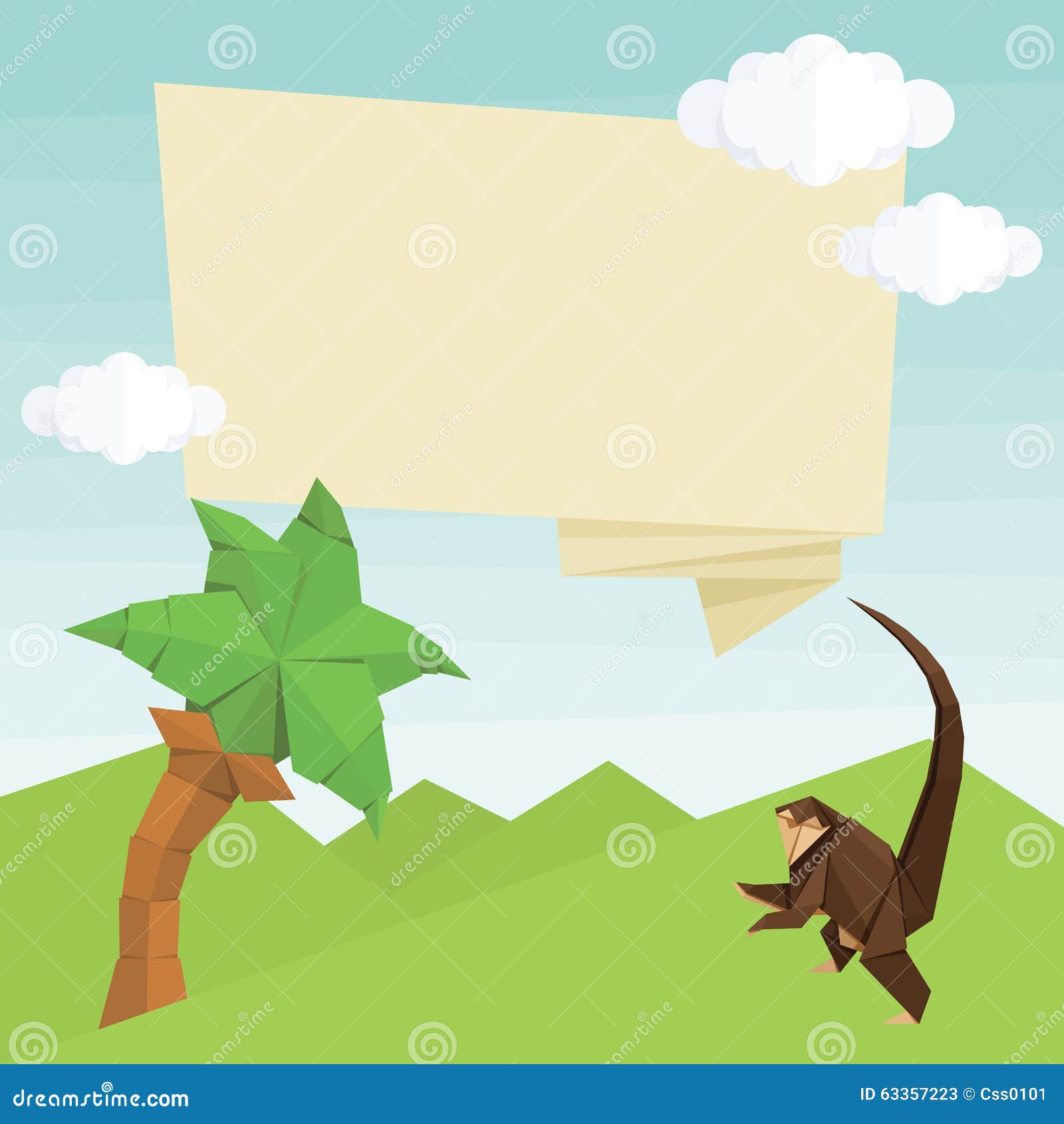 Origami Monkey, Palm Tree, Balloon And Clouds. Vector Simple Flat ...